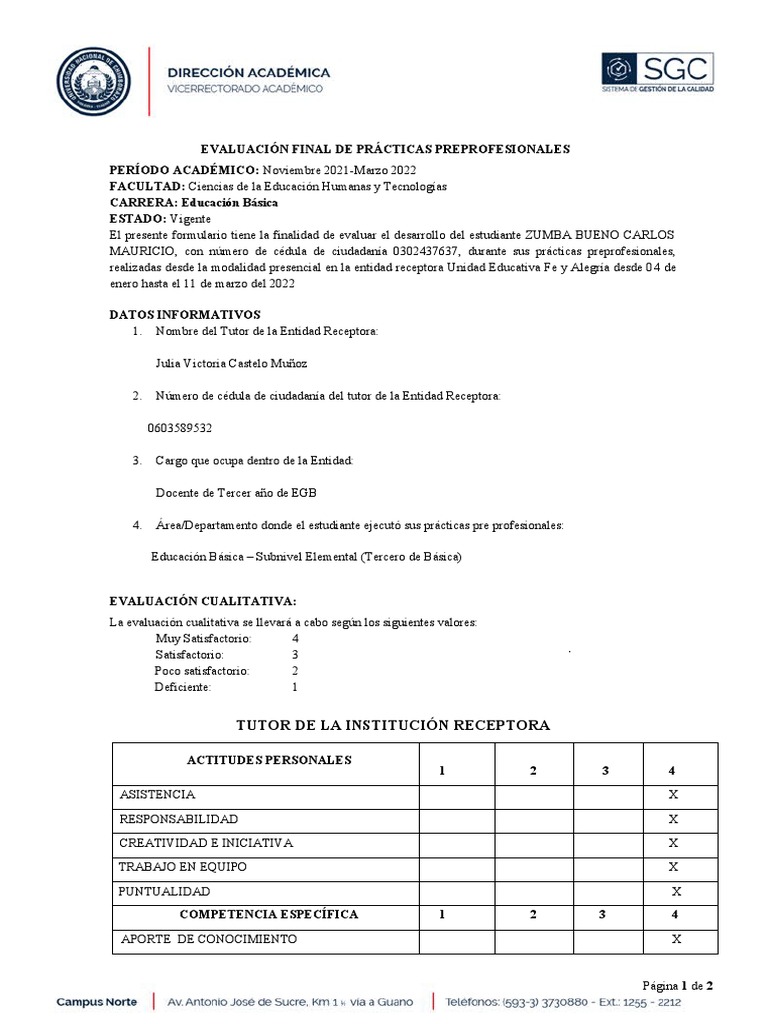 Formulario de Evaluacion Tutor Entidad Receptora | PDF | Evaluación | Educación primaria