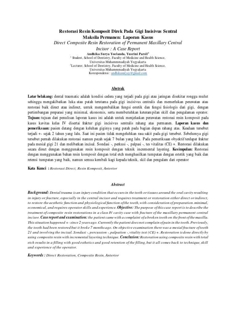 Restorasi Resin Komposit Direk Pada Gigi Insisivus Sentral Pdf