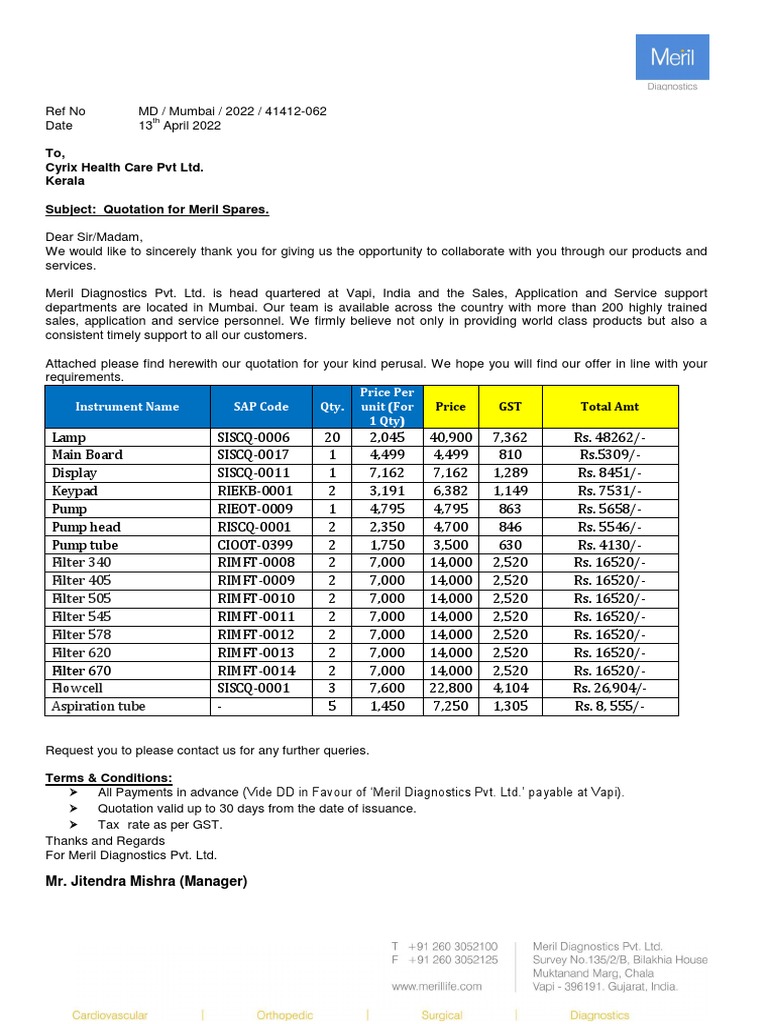 To, Cyrix Health Care PVT Ltd. Kerala Subject: Quotation For Meril Spares | Download Free PDF ...