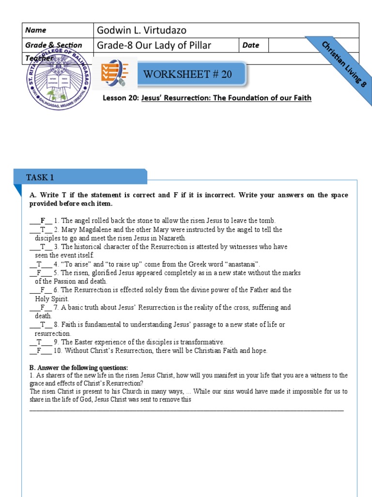 Worksheet 1 Jesus Resurrection | PDF | Resurrection Of Jesus | Jesus