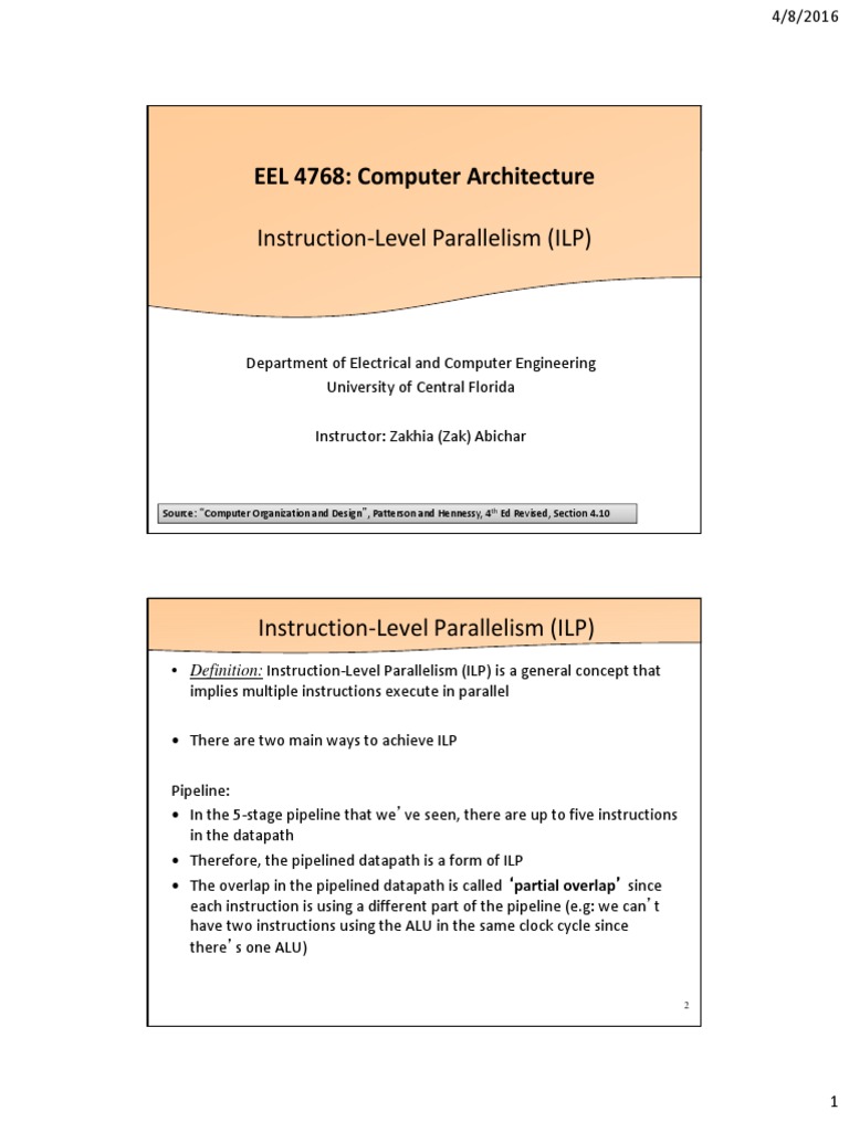 Eel 4768 Computer Architecture Instruction Level Parallelism Ilp Pdf Central Processing