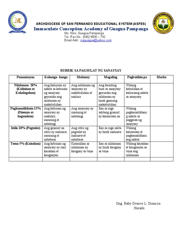 Rubrik Sa Pagsulat NG Sanaysay | PDF