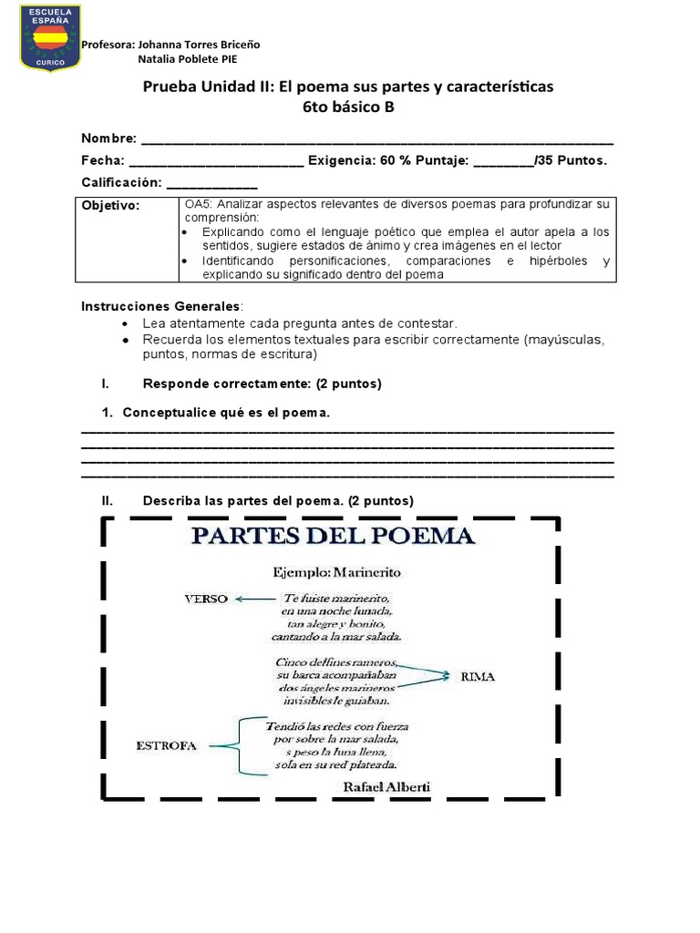 Prueba Unidadii Poema | PDF
