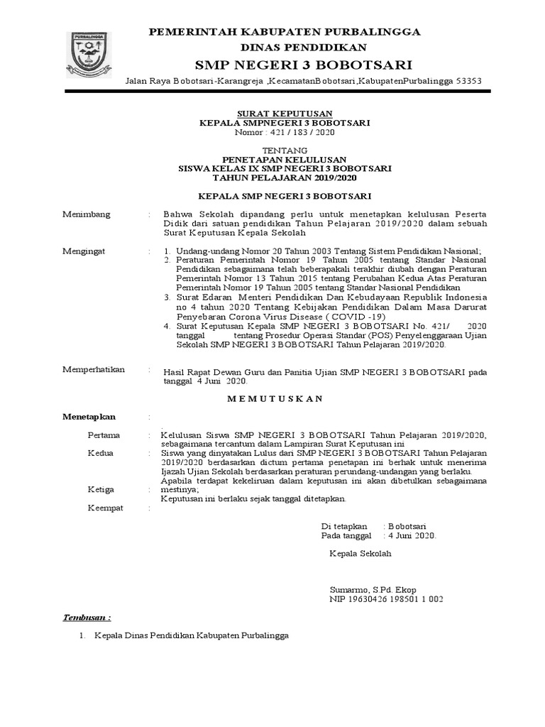 SK Penetapan Kelulusan SMP 3 BBS 19 | PDF