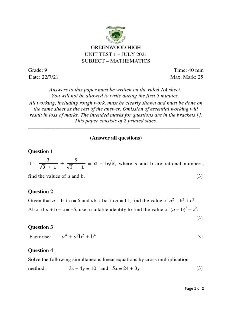 Gr9 UT1 Mathematics QP | PDF | Factorization | Mathematical Concepts