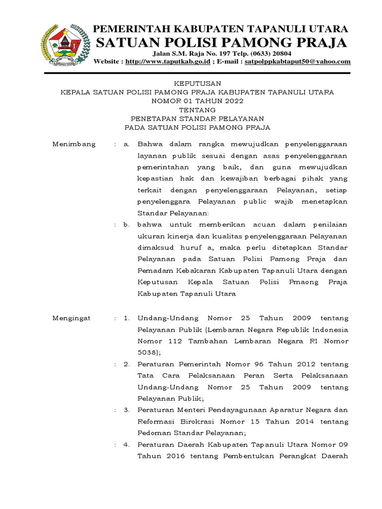 Standar Pelayanan Satpol PP Tapanuli Utara 2022 | PDF