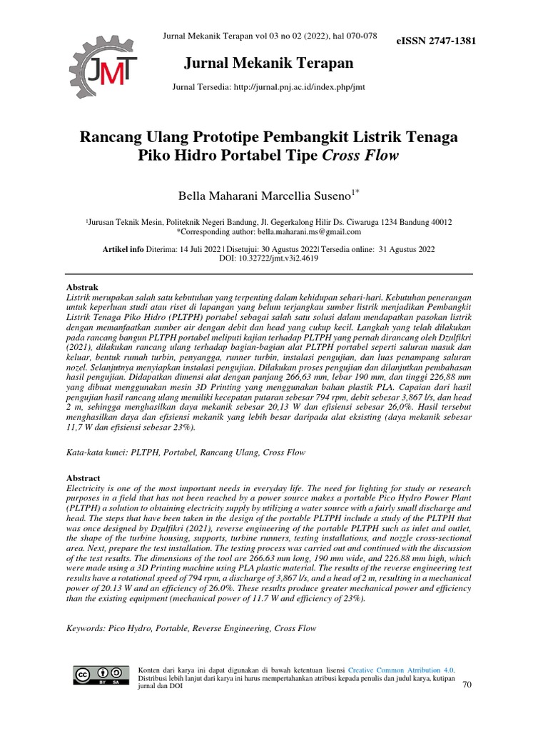 Rancang Ulang Prototipe Pembangkit Listrik Tenaga Piko Hidro Portabel Tipe Cross Flow | PDF