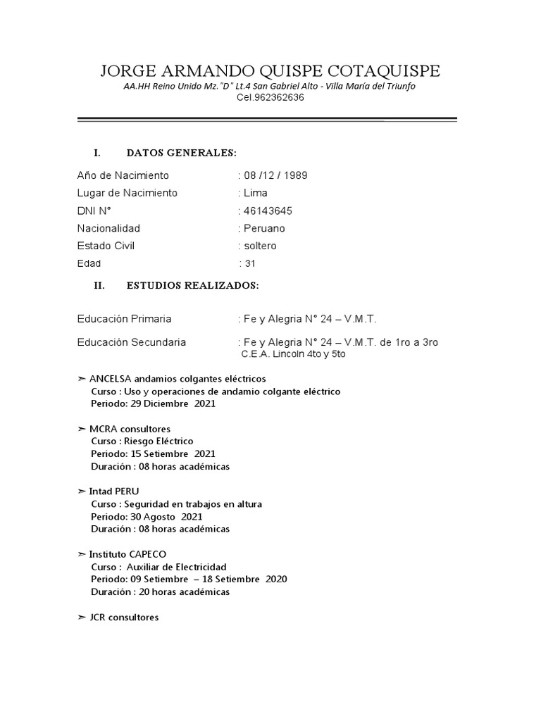 C.V Jorge Quispe C. 2022 | PDF C.V Jorge Quispe C. 2022 | PDF