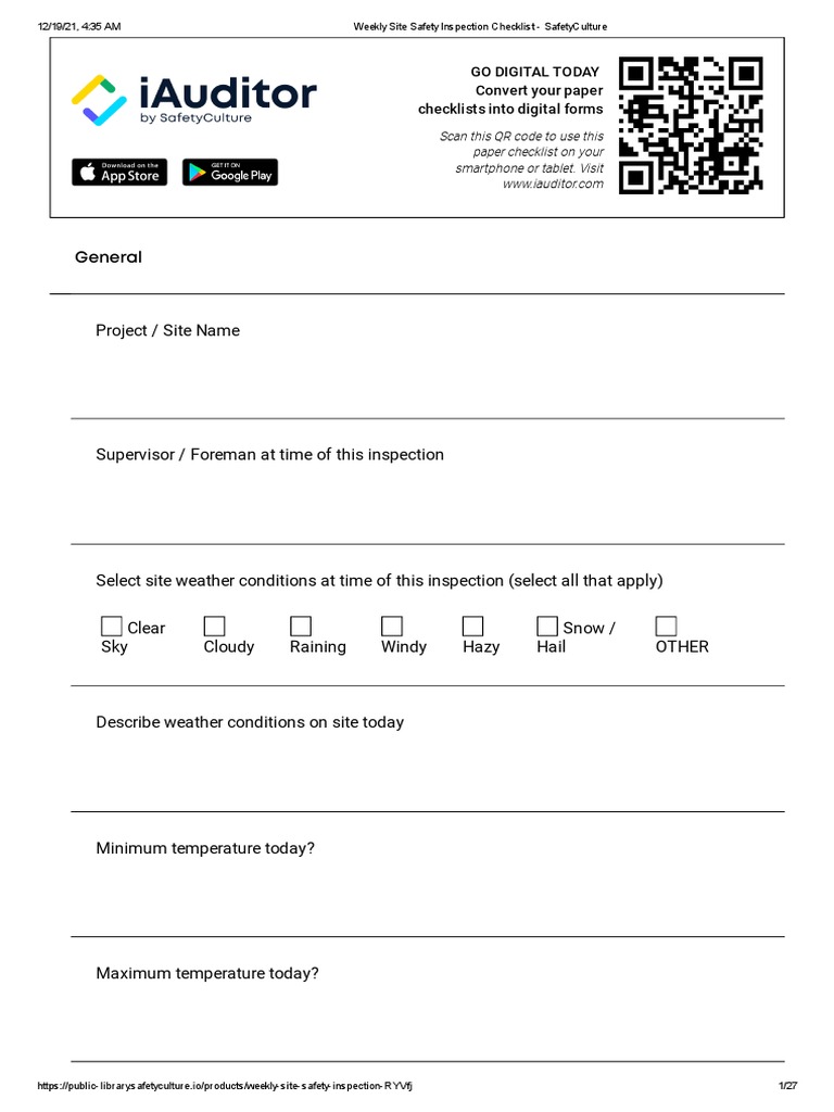 Weekly Site Safety Inspection Checklist | PDF | Personal Protective ...