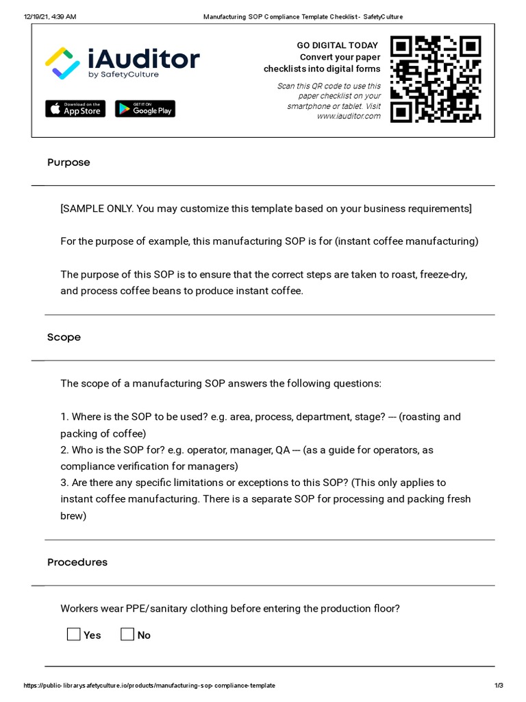Manufacturing SOP Compliance Template Checklist | PDF | Coffee | Freeze ...