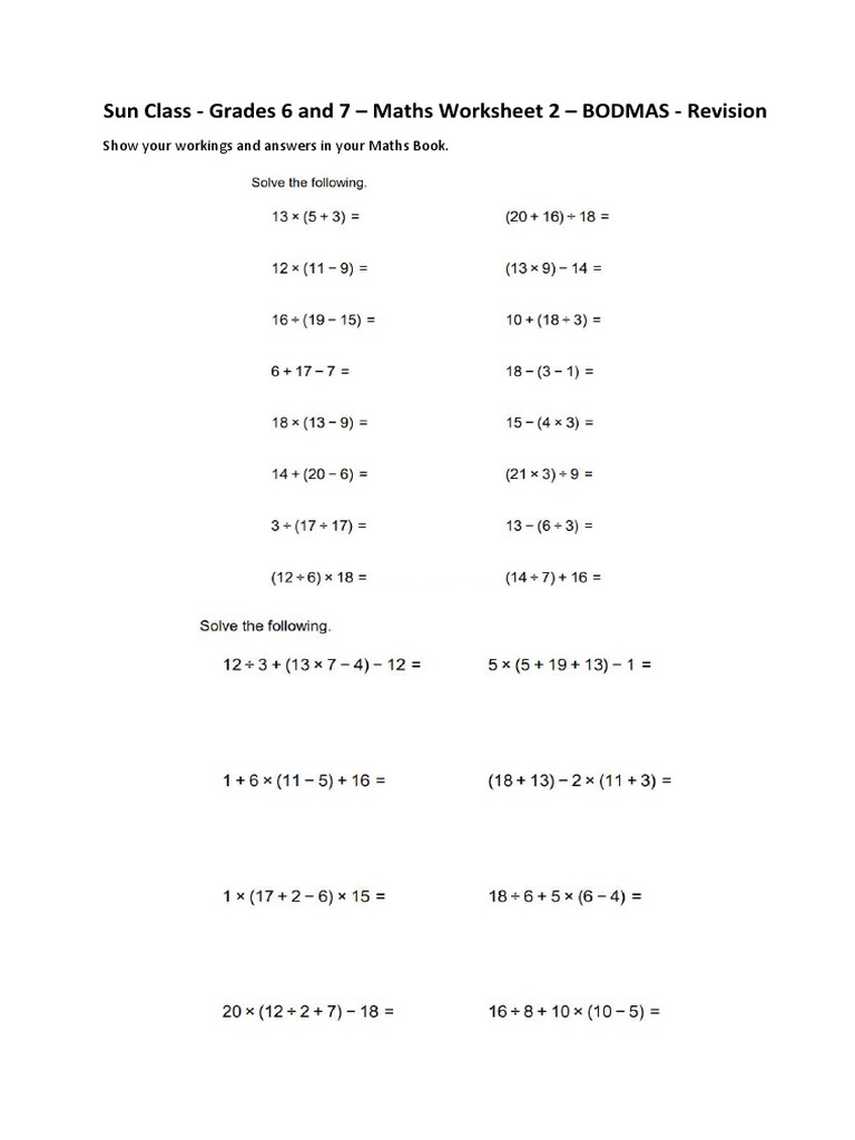 Grades 6 and 7 Worksheet 3 BODMAS | PDF