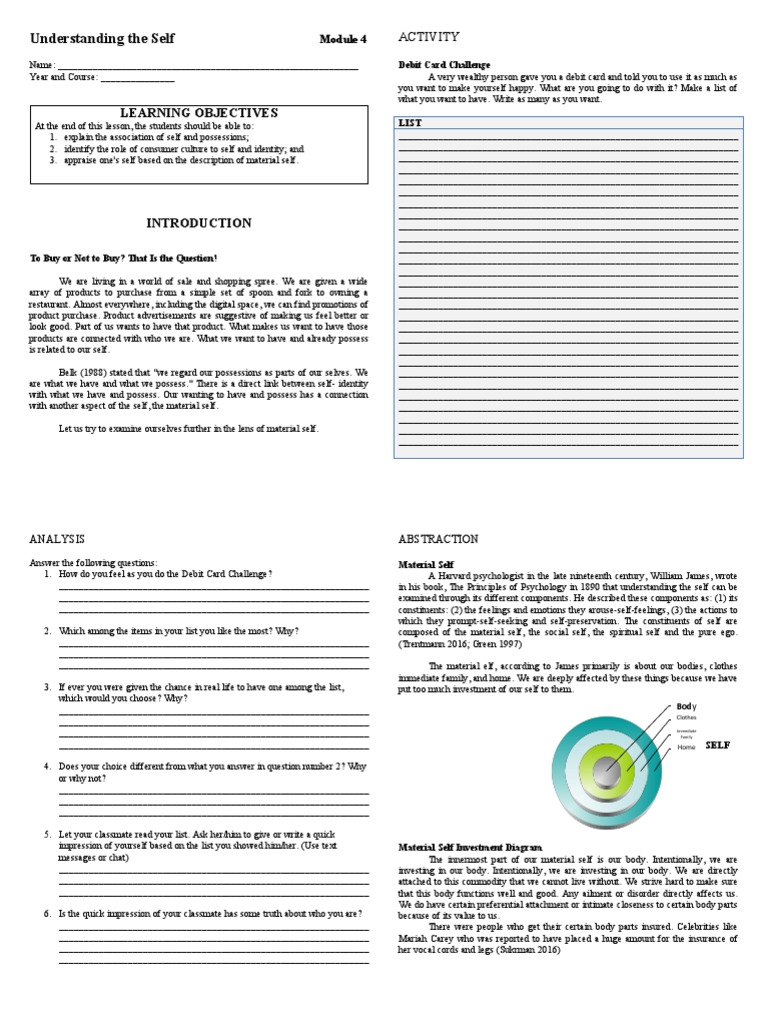 Understandng The Self - Module 4 | PDF | Self | William James