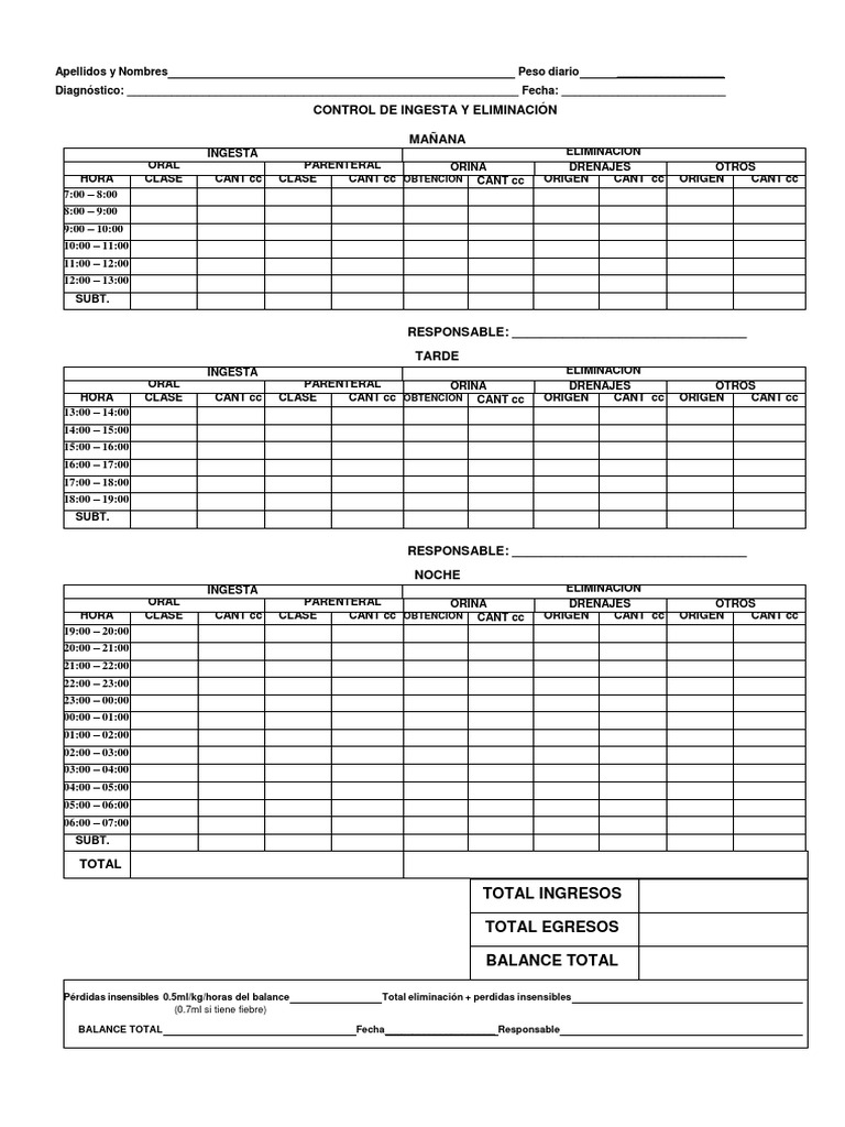 Ficha de Control de Ingesta y Excreta | PDF
