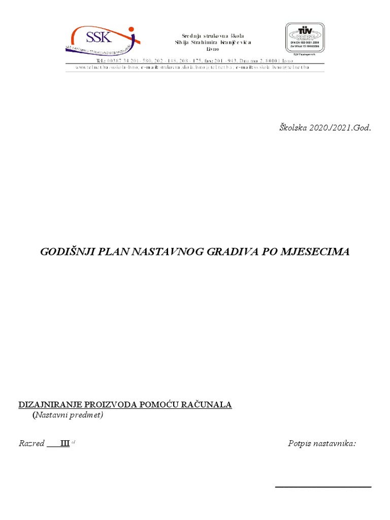 Plan Program 3d Dizajniranje Proizvoda Pomoću Računala 2sata 2021 | PDF