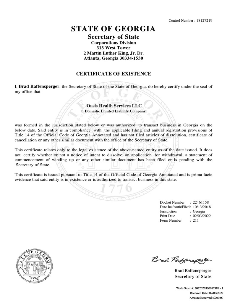 Certificate of Existence - 2022 | PDF | Limited Liability Company ...