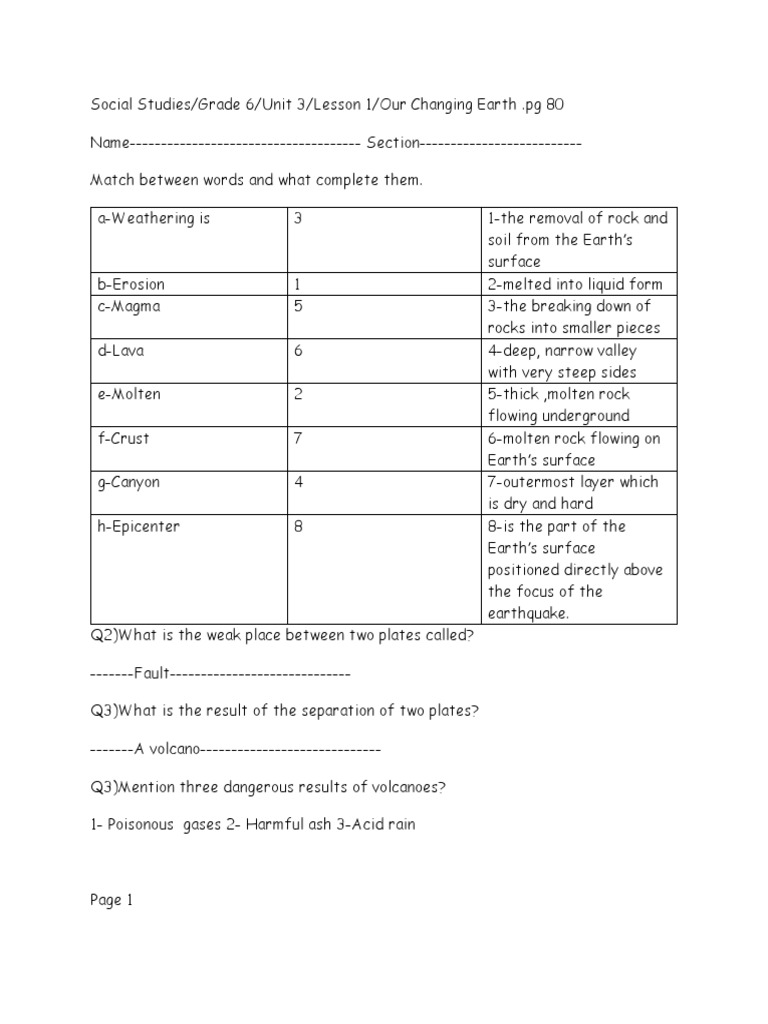 Our Changing Earth Worksheet Answer Key. | PDF | Earth | Erosion