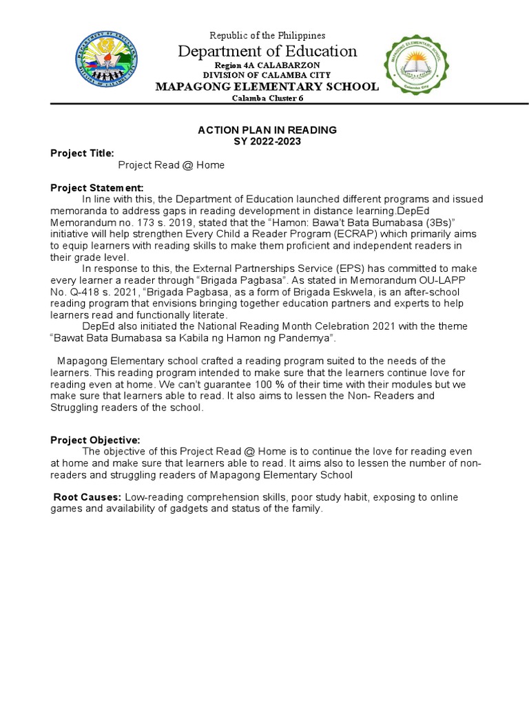 Action Plan in Reading Project Read at Home - 2021-2022 | PDF ...
