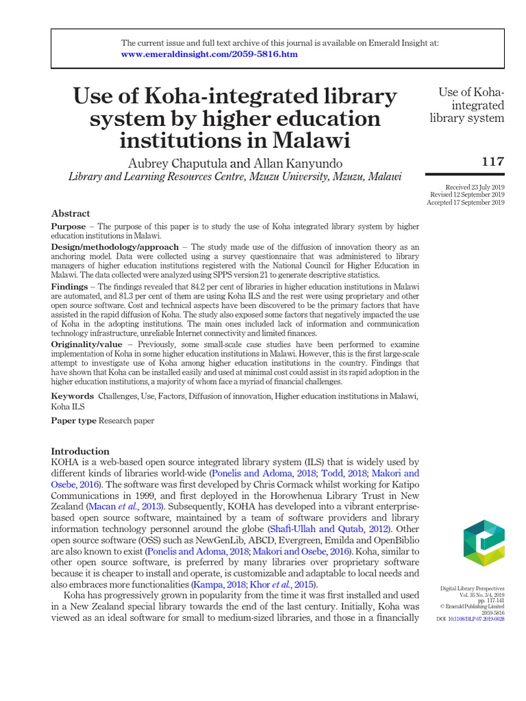 Use of KOHA Integrated Library System by HEI in Malawi | PDF | Innovation | Libraries