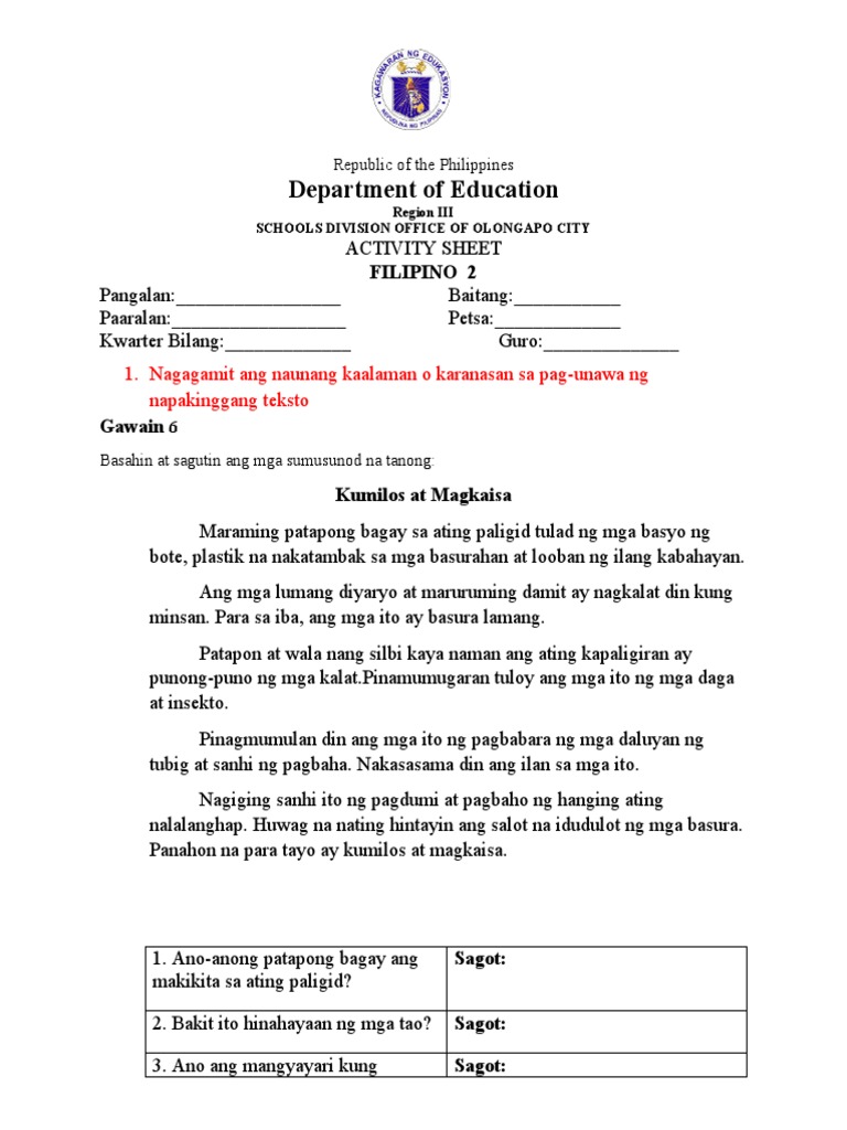 Fil Activity Sheets q1wk2 | PDF
