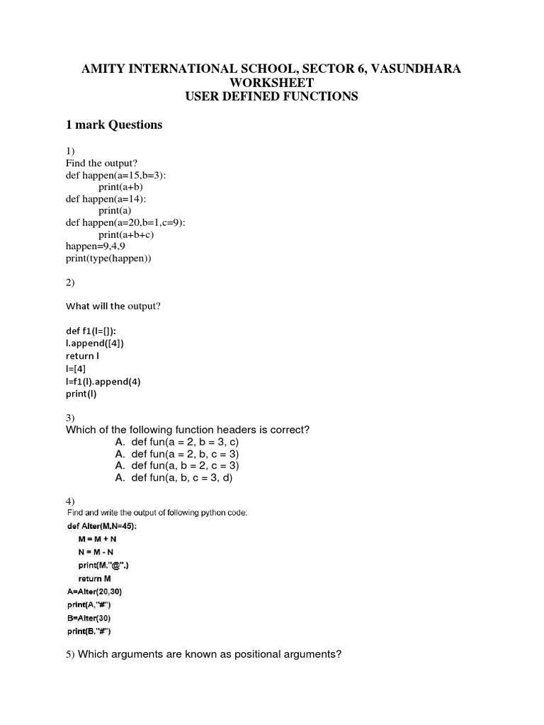 Python User Defined Functions Worksheet | PDF | Parameter (Computer Programming) | Computer ...