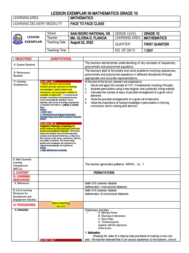 LESSON-EXEMPLAR-IN-MATH-10 Aug 22, 2022 | PDF | Constructivism ...