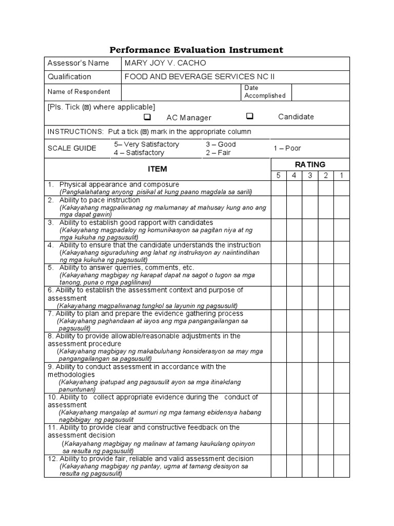 Performance Evaluation Instrument | PDF