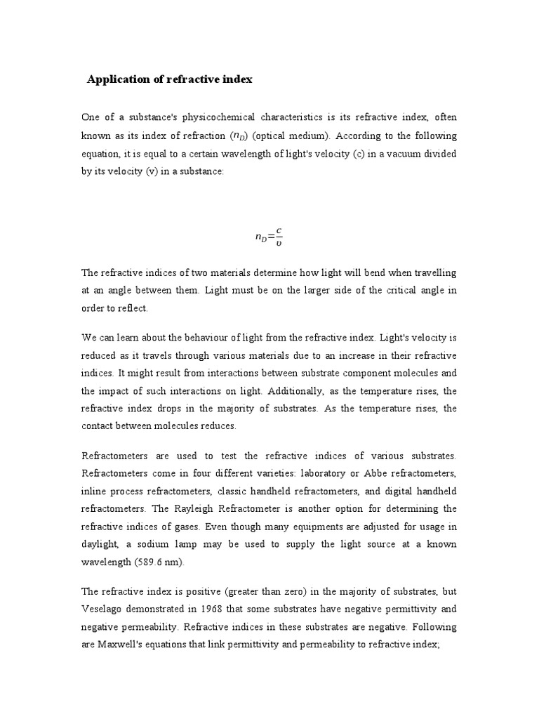 Application Of Refractive Index Pdf Refractive Index Refraction