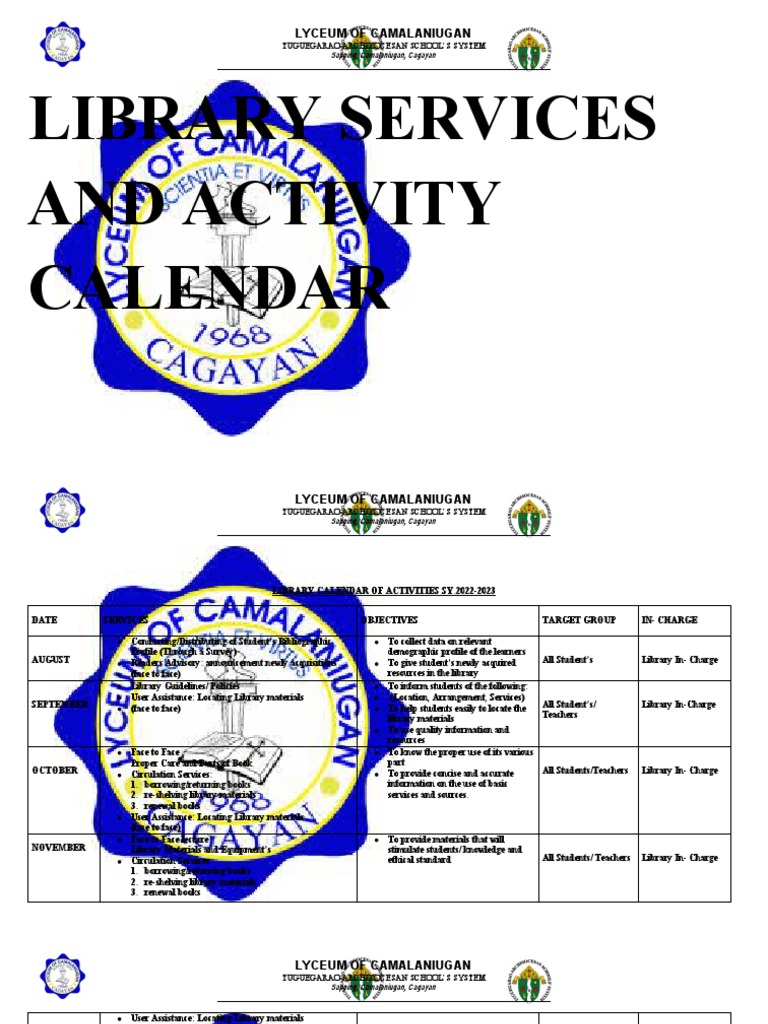 Library Activities Calendar 2022-2023 | PDF | Libraries | Books