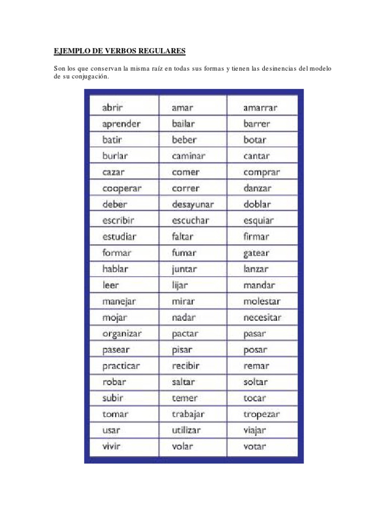 Ejemplo de Verbos Regulares e Irregulares | PDF