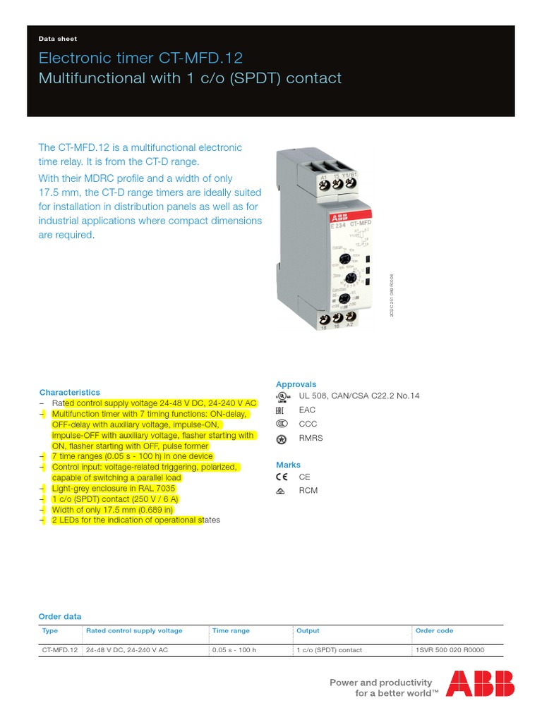 Multifunctional With 1 C/o (SPDT) Contact: Electronic Timer CT-MFD.12 | PDF | Relay | Switch