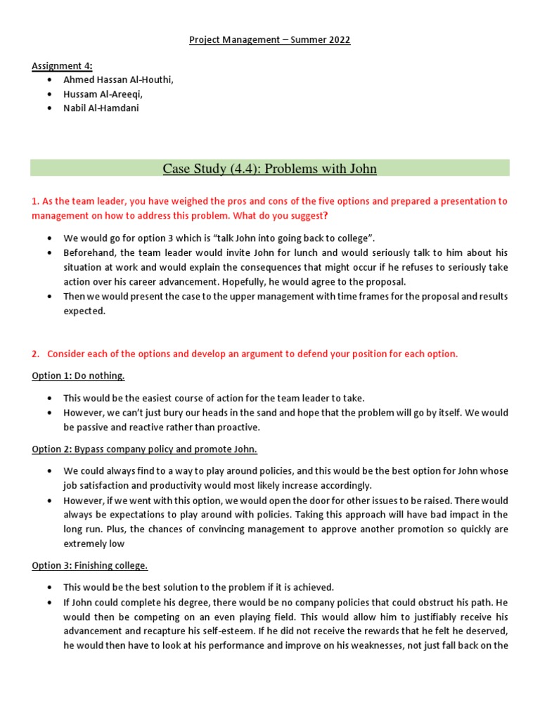 Assignment (4) Case Study (4.4) Problems With John - Ahmed, Hussam & Nabil | PDF | Behavioural ...