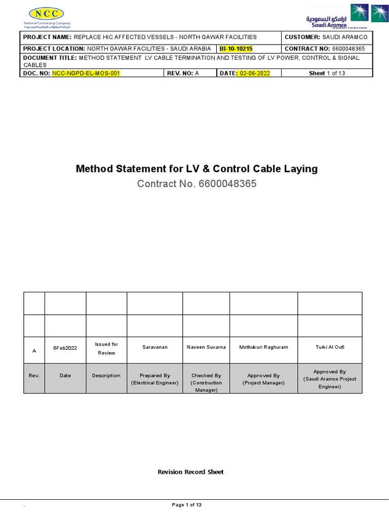 Method Statement For LV & Control Cable Laying at NGPD Site | PDF ...