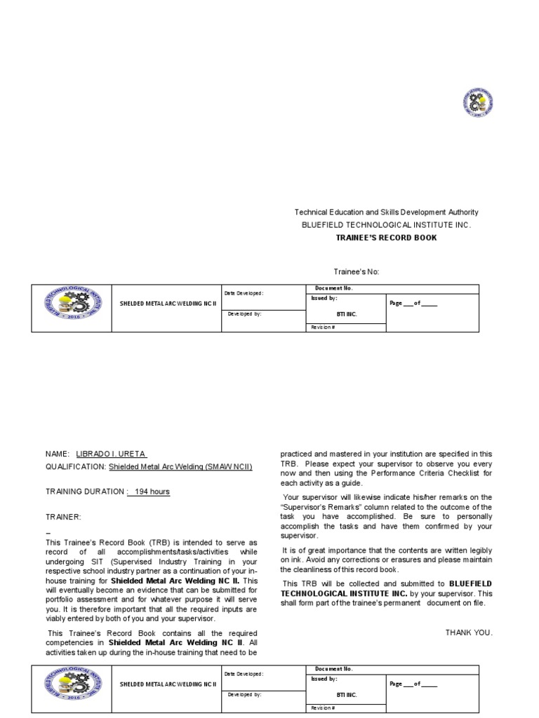Trainees Record Book (TRB) | PDF | Welding | Construction