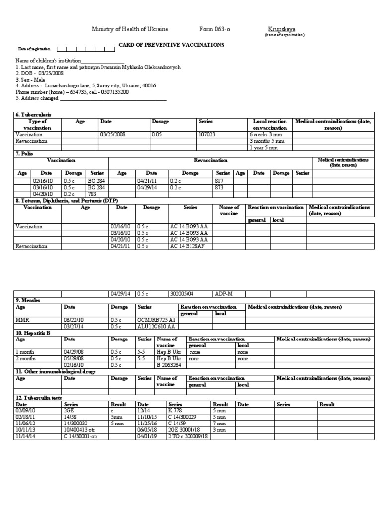Ministry of Health of Ukraine Form 063-O Krupskaya | PDF | Clinical ...