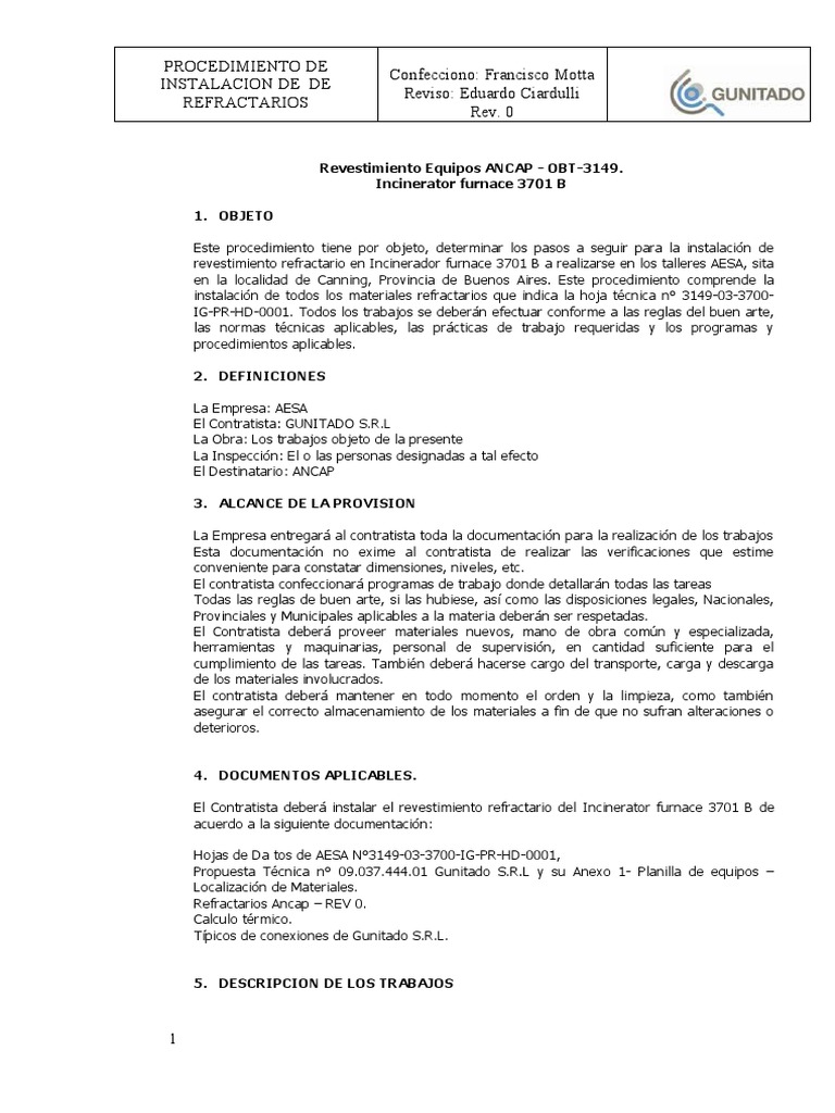 Procedimiento de Instalacion de Refractario | PDF | Hormigón | Ladrillo Procedimiento de Instalacion de Refractario | PDF | Hormigón | Ladrillo