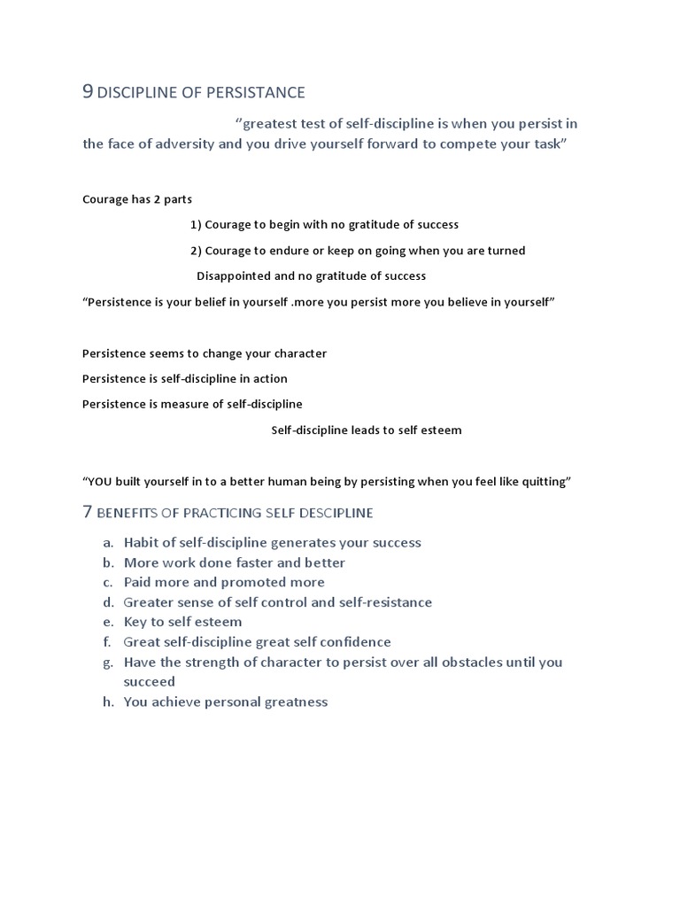 9 Discipline of Persistance | PDF | Self-Improvement