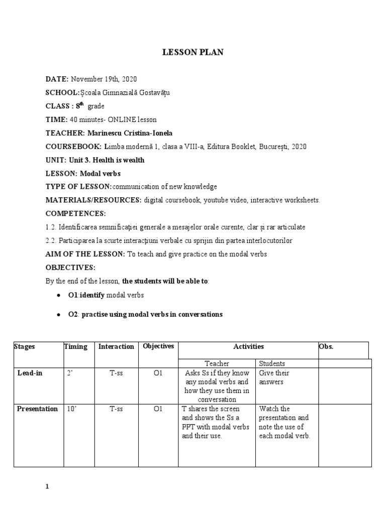 Lesson Plan Clasa A VIII-a | PDF | Lesson Plan | Pedagogy