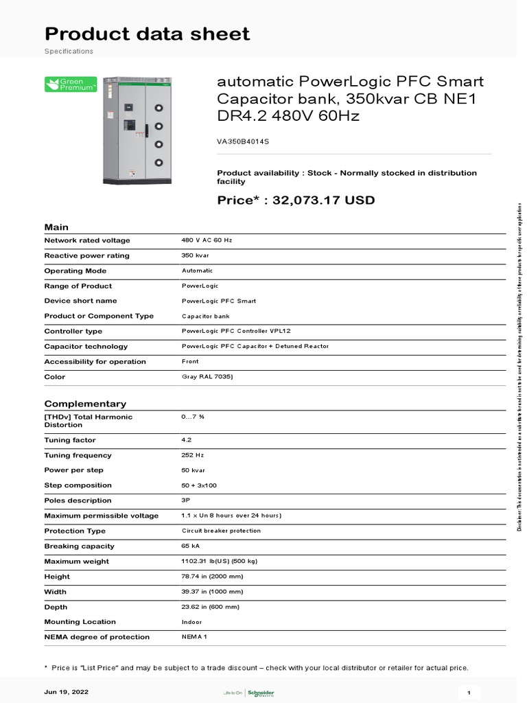 PowerLogic PFC Capacitor Banks UL - CSA - VA350B4014S | PDF | Capacitor | Electrical Engineering
