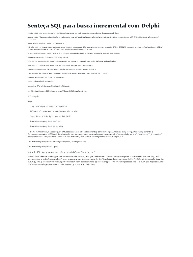 Senteça SQL para Busca Incremental Com Delphi | PDF | SQL | Gestão de dados
