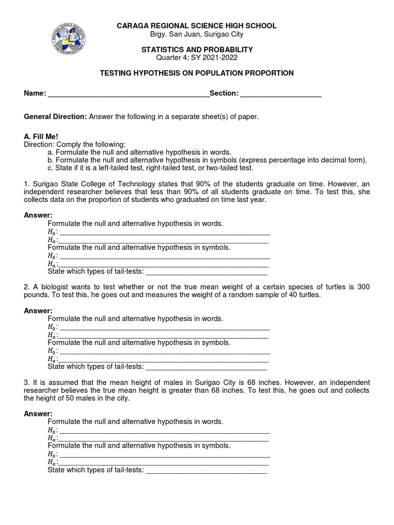 StatProb - Q4 - Worksheet No. 3 - Testing Hypothesis On Population ...