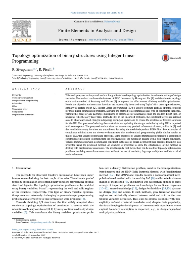 2018 - Sivapuram and Picelli - Topology optimization of binary structures using Integer Linear ...