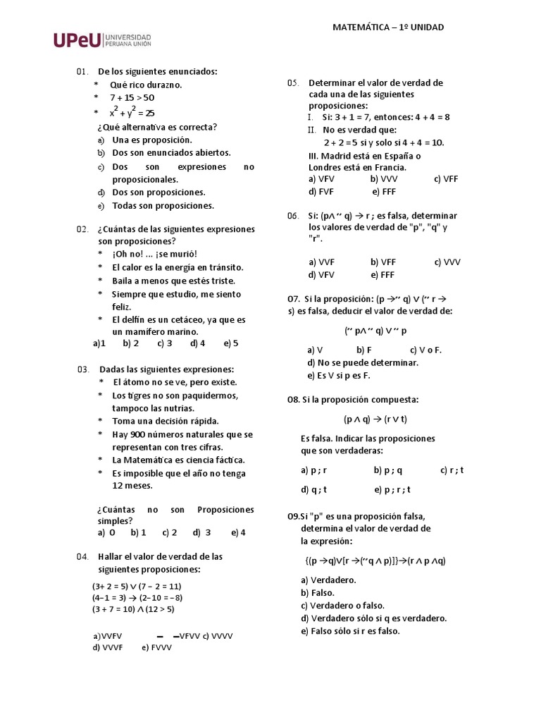 Matematica-Trabajo Proposiciones | PDF | Proposición | Verdad
