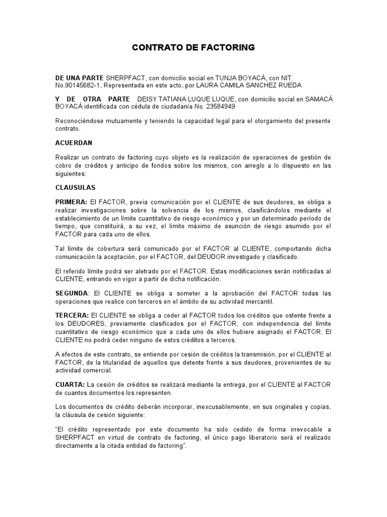 Ejemplo de Contrato de Factoring | PDF | Insolvencia