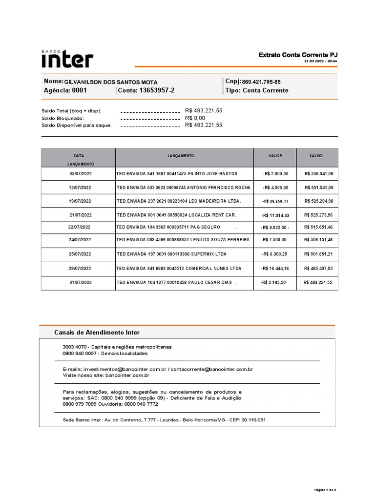 extrato inter 07-2022 | PDF | Bancos