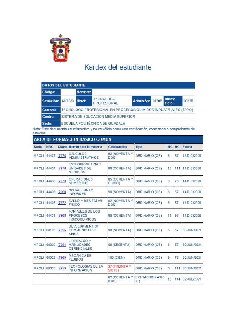 Kardex Del Estudiante | PDF