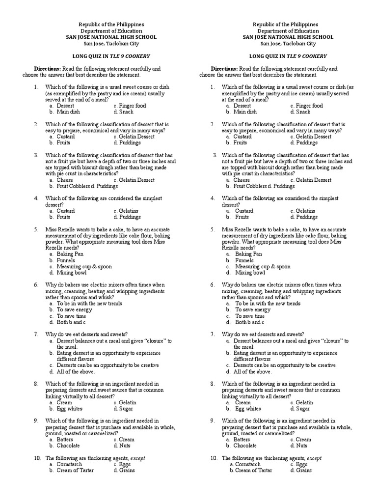 Cookery - Grade 9 Long Quiz | PDF | Desserts | Custard