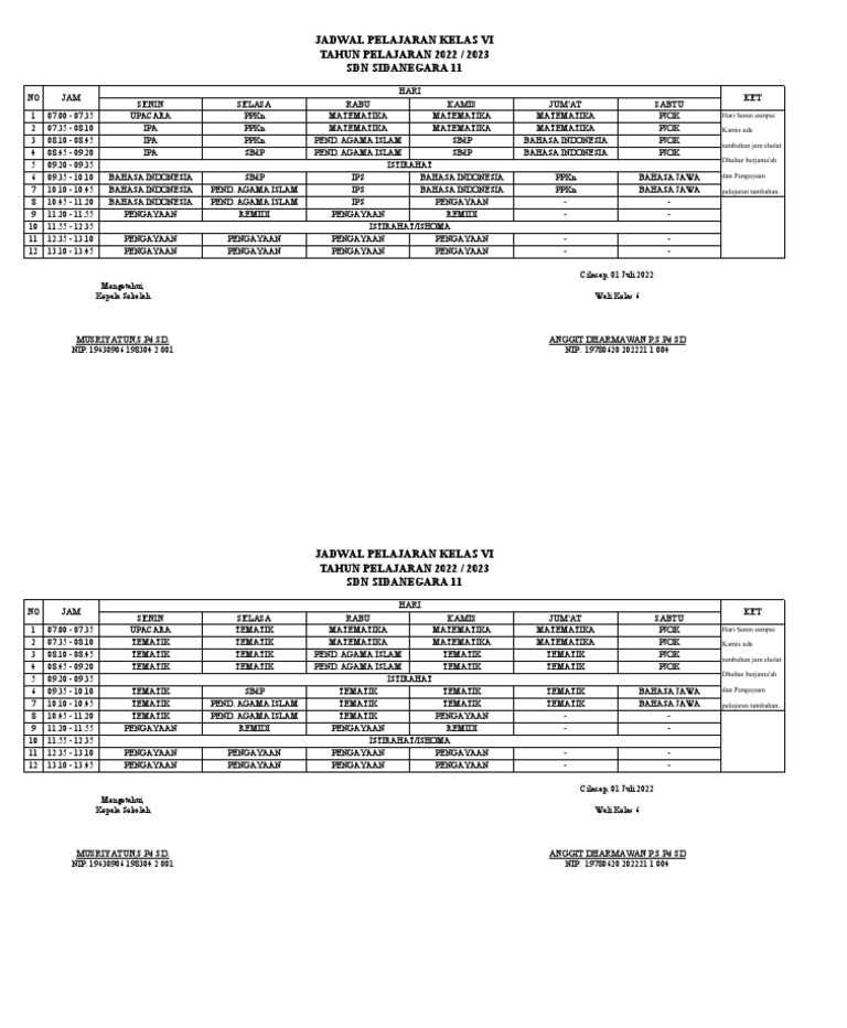 Jadwal Pelajaran Kelas 6 2022 2023 Pdf