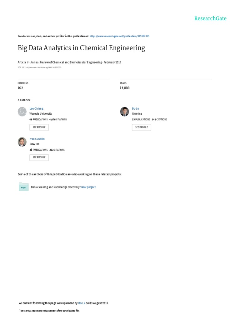 Big Data Analytics In Chemical Engineering Annual Review Of Chemical