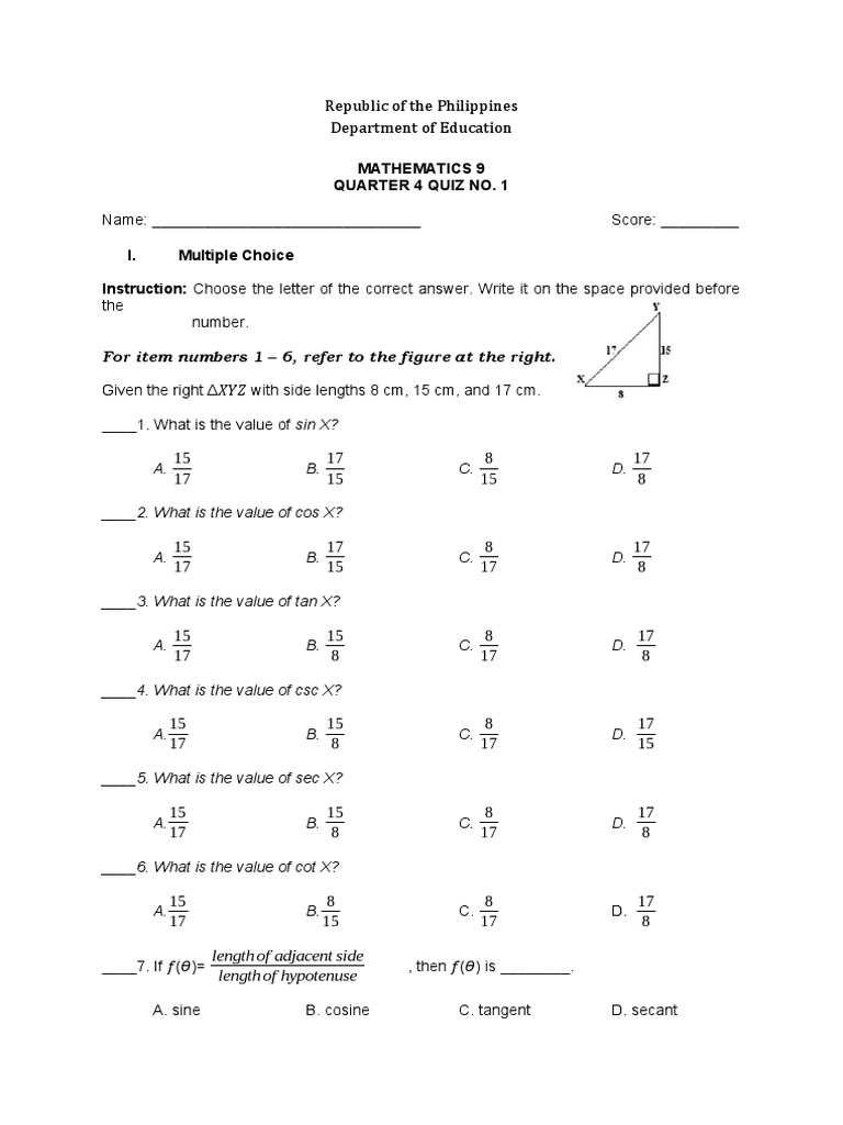 Math 9 Quiz 1 Pdf Trigonometric Functions Mathematics