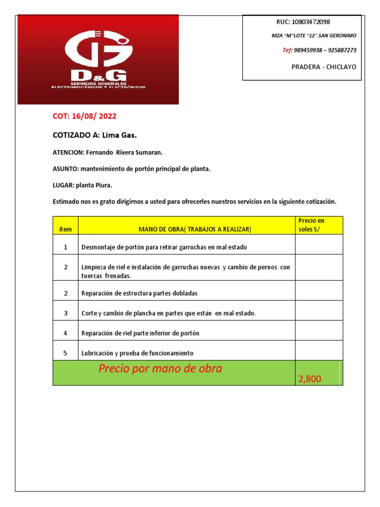 Cotización Reparación de Potón de Ingreso Principal de Planta | PDF